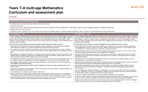 Years 7-8 multi-age: Mathematics: Curriculum and assessment plan