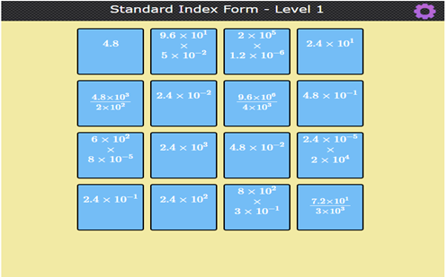 Standard index form matching game